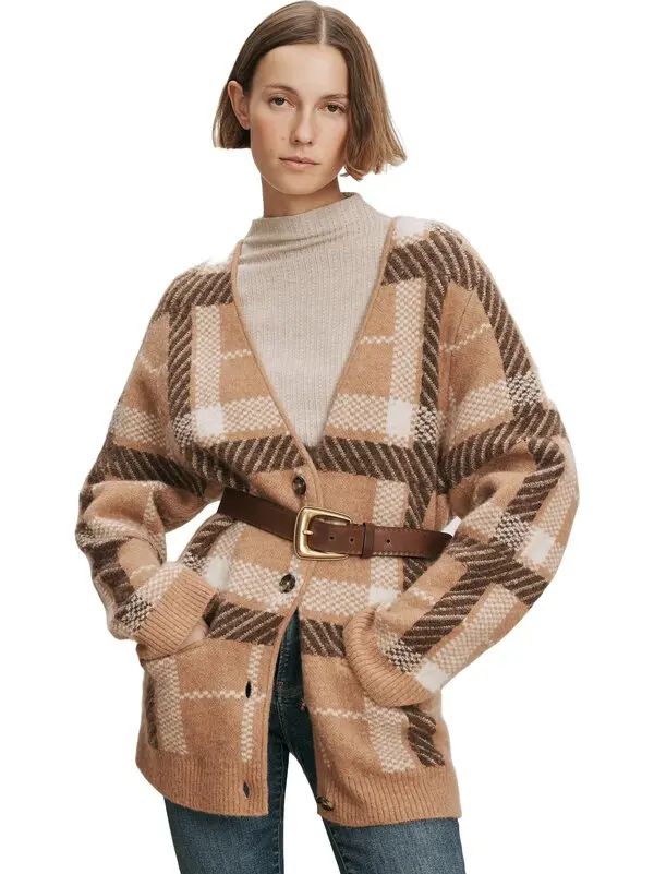 Veronica Beard Covey Plaid Cardigan - Camel Multi