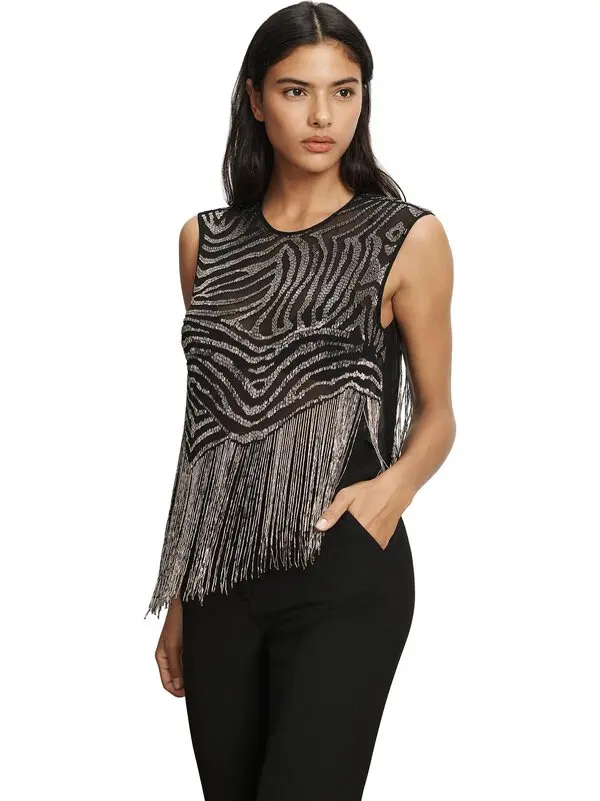 Veronica Beard Olivia Beaded Fringe Top - Black