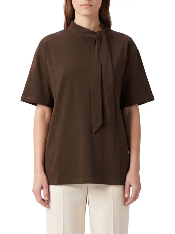 ELEH Short-sleeved Cotton Blend Pussy-bow Blouse - Brown
