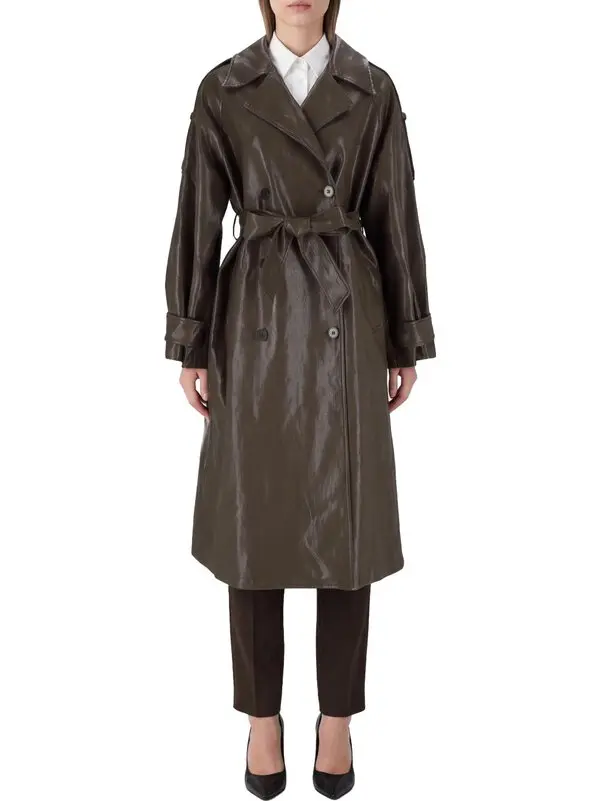 ELEH Double-breasted Faux Leather Long Trench Coat With Belt - Mud