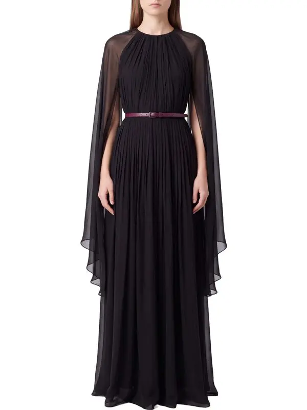 Max Mara Long-sleeved Silk Evening Gown With Belt - Black