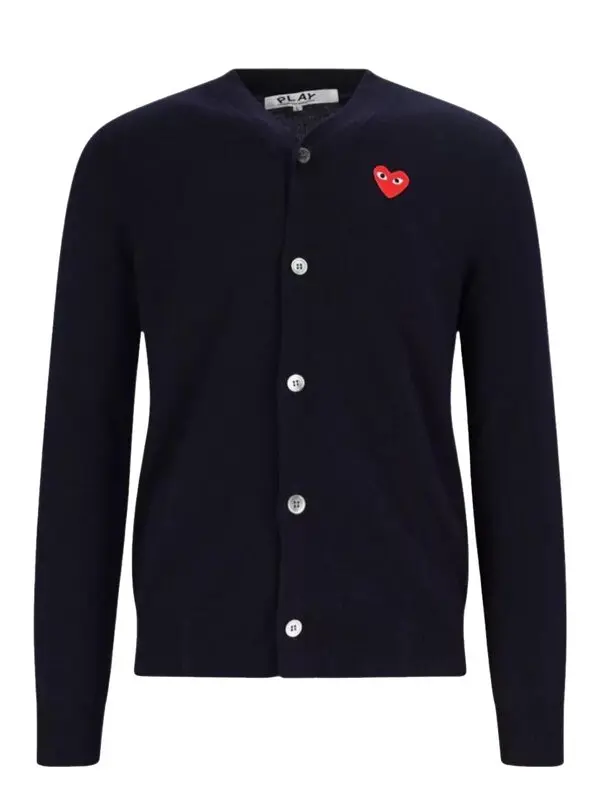 Play Comme Des Garcon V-neck Cardigan With Red Emblem Knit - Navy