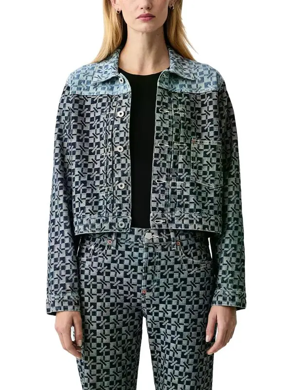 Kenzo Gram Monogram-pattern Cropped Denim Jacket - Blue