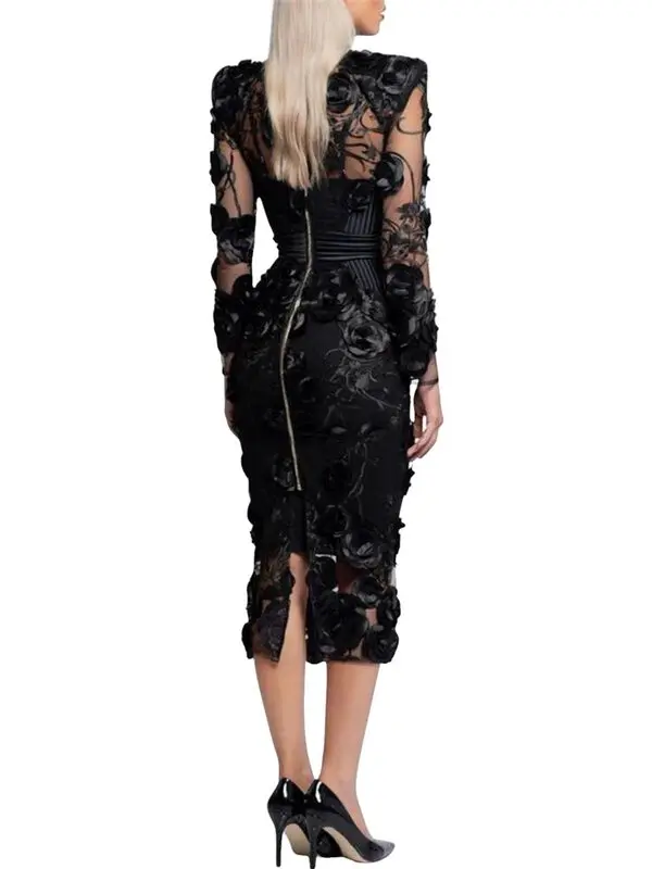 ZHIVAGO The Vendetta Floral Mesh Midi Dress - Black