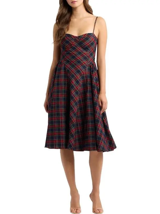 EMERALD SUNDAE Plaid Sweetheart Neck Tie Back Dress - Black/multi