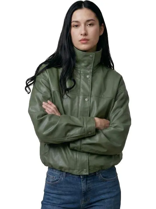 FURNIQ UK Arden Funnel Neck Leather Jacket - Khaki