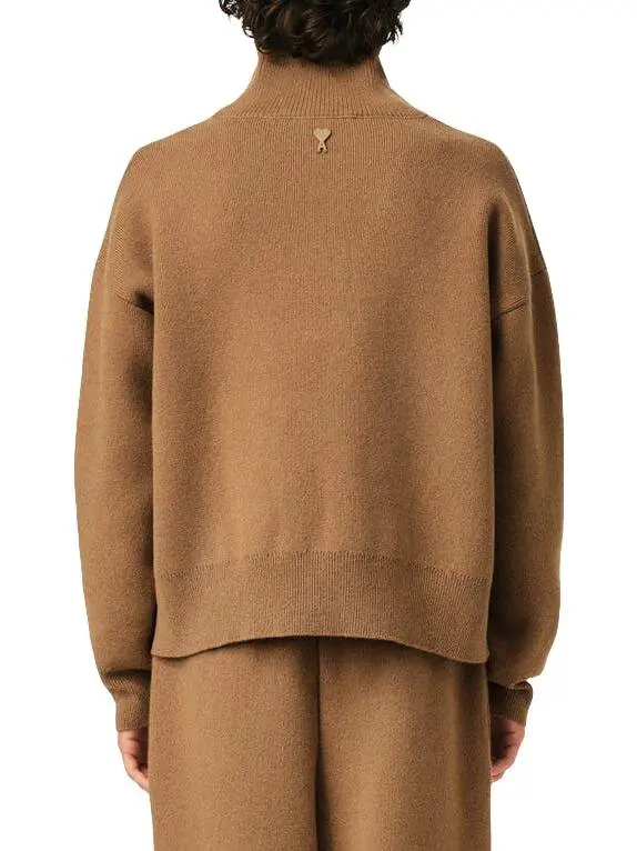 AMI Paris High Buttoned Collar Wool Sweater - Camel