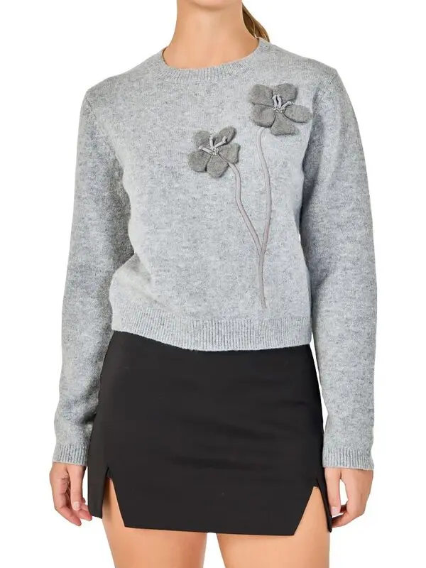 Endless Rose Floral Appliqué Sweater - Grey