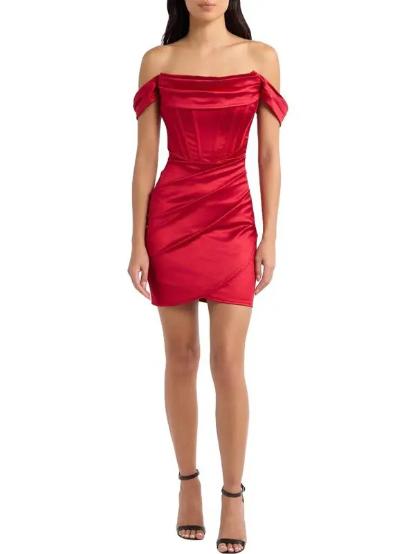 EMERALD SUNDAE Off The Shoulder Satin Corset Cocktail Dress - Cherry