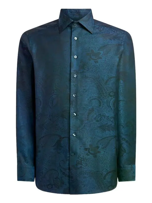 Etro Cotton Jacquard Shirt With Paisley Foliage-motif - Blue