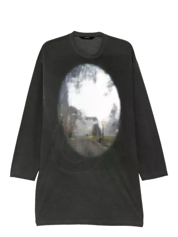 PUSHBUTTON Landscape-print Spiral-stitch T-shirt - Black