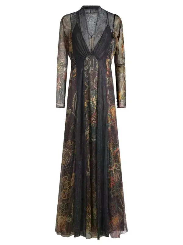 Etro Long Dress In Silk With Lace And Floral Motif - Black