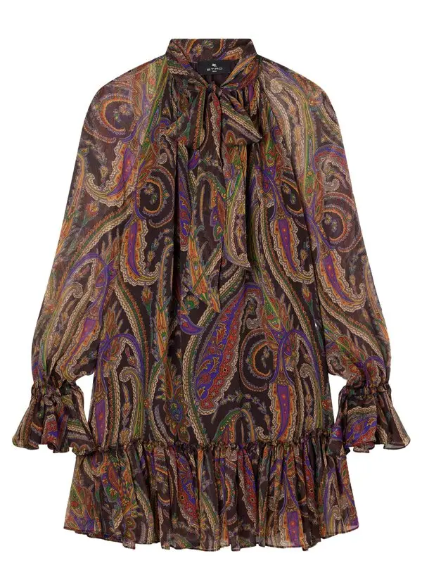 Etro Pussy-bow Gathered Paisley-print Mini Dress - Brown