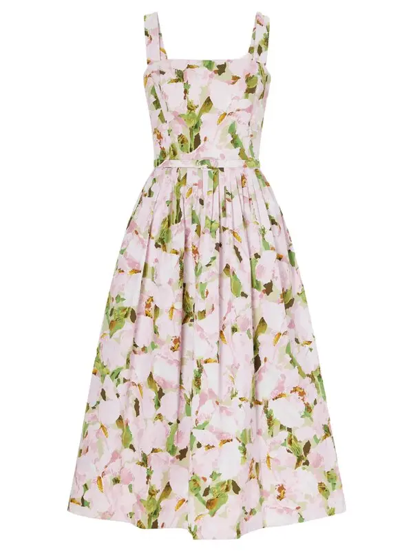 Oscar De La Renta Belted Pleated Floral-print Midi Dress - Multicolor