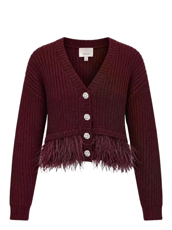 Cinq À Sept Krissi Feather-trim Crystal-button Cardigan - Red