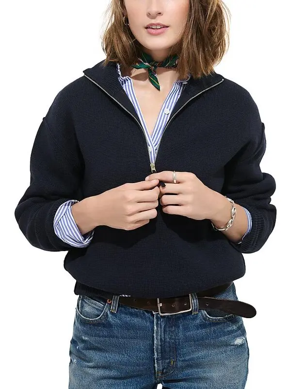 ALEX MILL Daphne Cotton Cashmere Half Zip Sweater - Navy