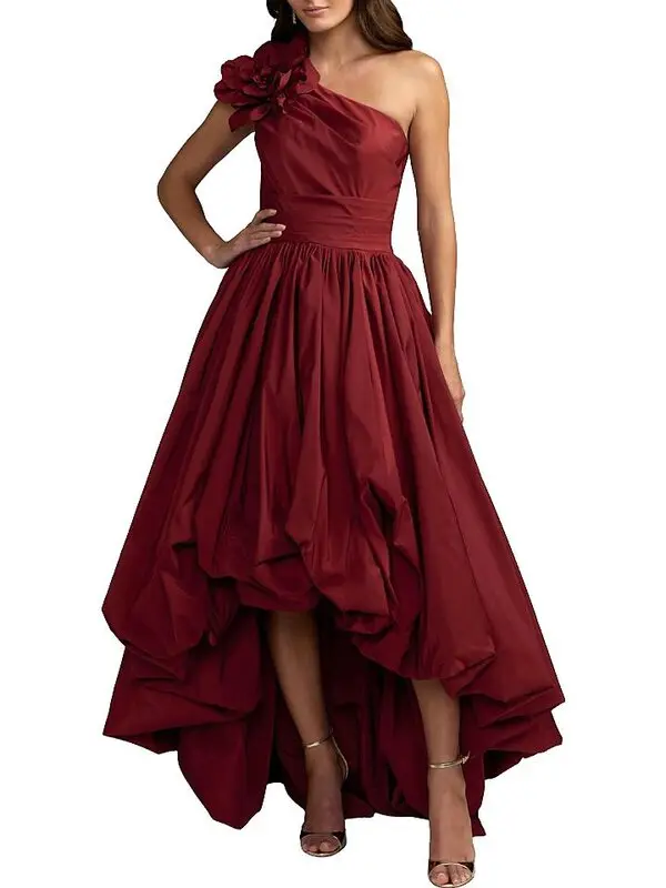 Mac Duggal One Shoulder High Low Gown With 3d Flower - Ruby