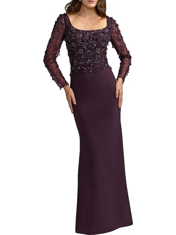 Mac Duggal Embellished Mesh Long Sleeve Column Gown - Amethyst