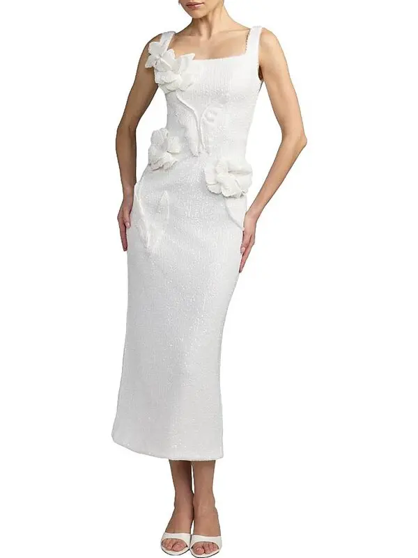 Mac Duggal Sequin Fitted Midi Dress With 3d Rosettes - Ivory