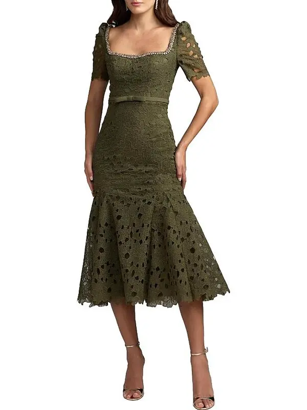Mac Duggal Embellished Square Neck Lace Midi Dress - Olive