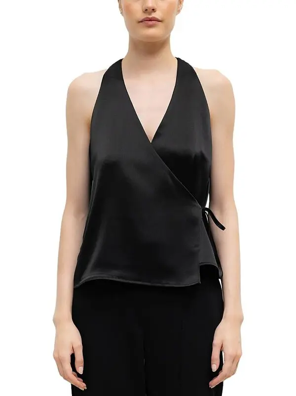 LESET Barb Sleeveless Satin Wrap Top - Black