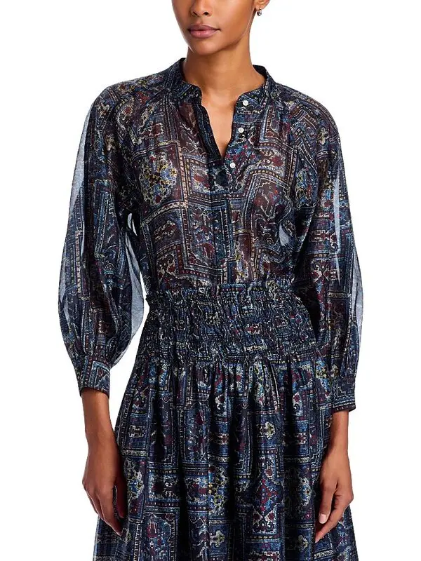 The Great. The Ashland Sheer Printed Long Sleeve Top - Tile Print