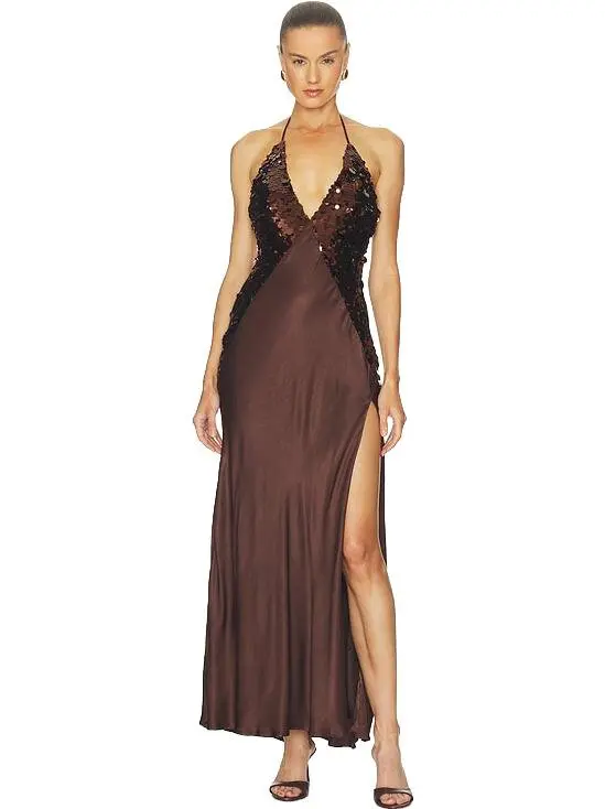 Bardot Yve Sequin Satin Halter Dress - Chocolate