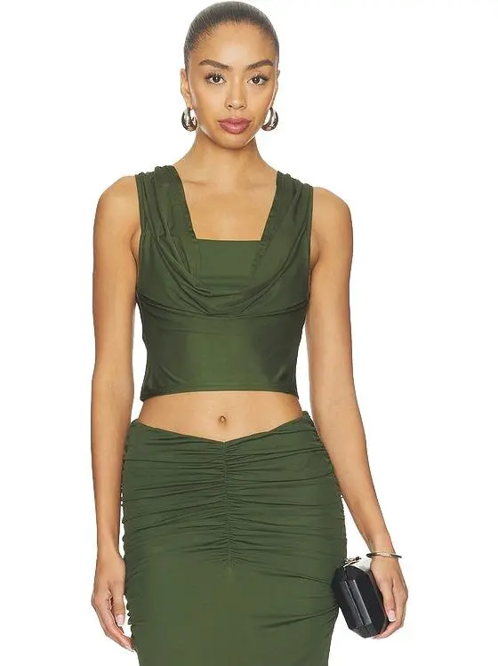 Alice + Olivia Alena Sleeveless Draped Cowl Neck Cropped Top In Green - Dark Fern