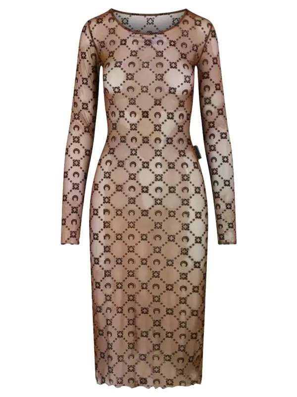 MARINE SERRE Moonogram Mesh Flock Long-sleeves Midi Crewneck Dress - Brown