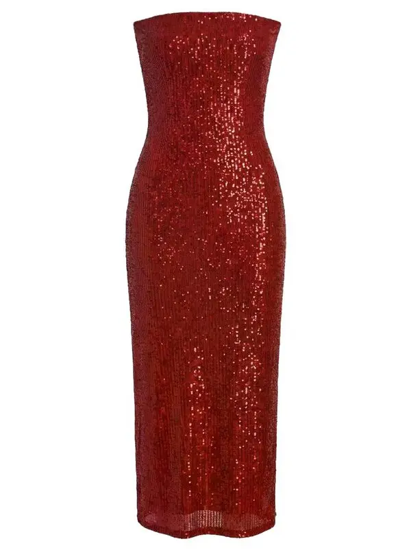 NISSA Sequin Tulle Insert Maxi Dress - Red