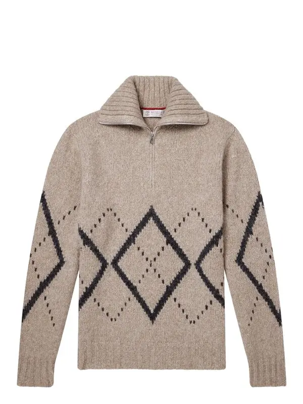 Brunello Cucinelli Fair Isle Cashmere And Silk-blend Half-zip Sweater - Neutrals