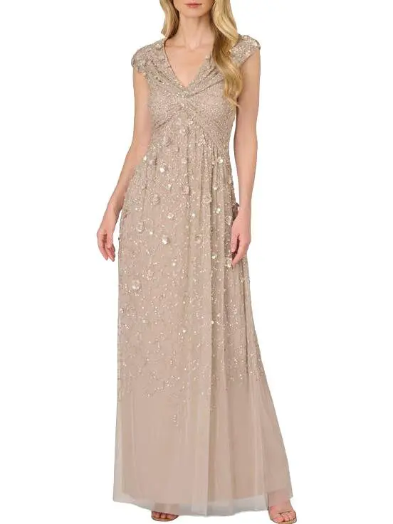 Adrianna Papell Beaded Empire Waist Ball Gown - Marble