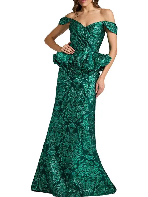 Tadashi Shoji Corliss Bubble Peplum Gown - Emerald Green/multi