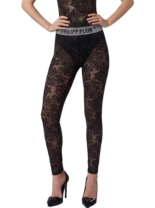 Philipp Plein Lace Leggings Monogram Strass Monogram Strass - Black