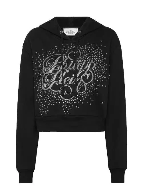 Philipp Plein Hoodie Sweatshirt Crop Strass - Black