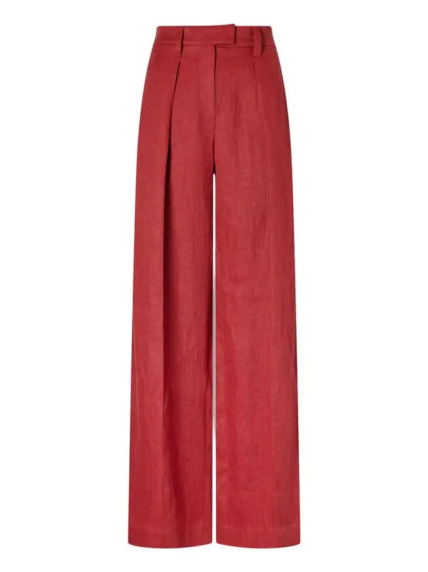 Brunello Cucinelli Pleated Linen-canvas Straight-leg Pants - Red