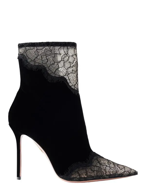 AQUAZZURA Velvet Meadow Bootie 105 Lace-trimmed Velvet Ankle Boots - Black