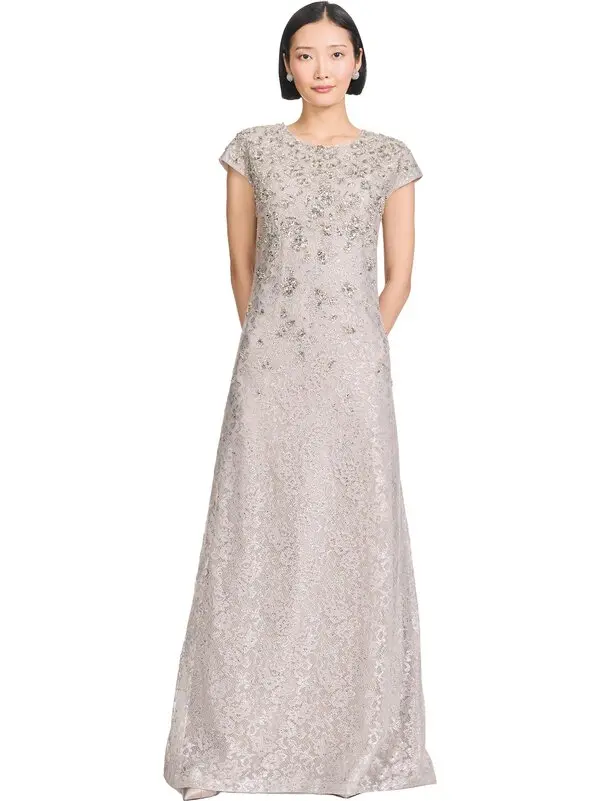 Sachin & Babi Madrid Silver Metallic Lace Cap Sleeve A-line Gown - Platinum