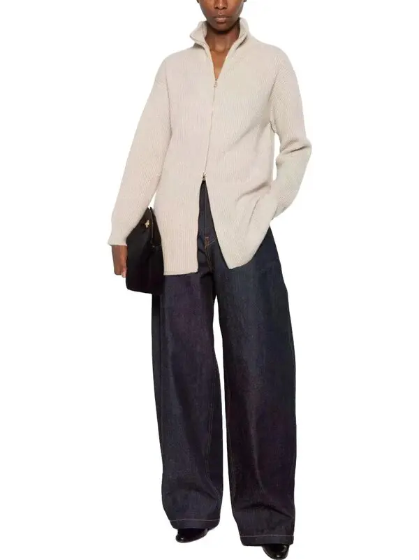 Max Mara Ribbed-knit Zip-up Sweater - Neutrals
