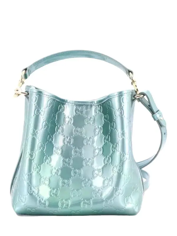 Gucci Gg Emblem Gg Embossed Patent Small Bucket Bag - Blue