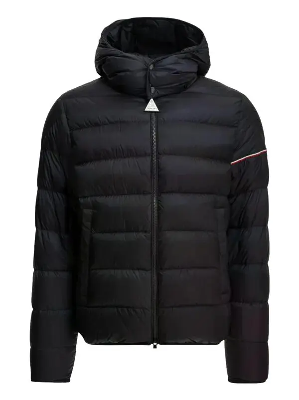 Moncler Bernadette In White/brown Houndstooth Cotton Cropped Shirtquilted Hooded Jac - Black