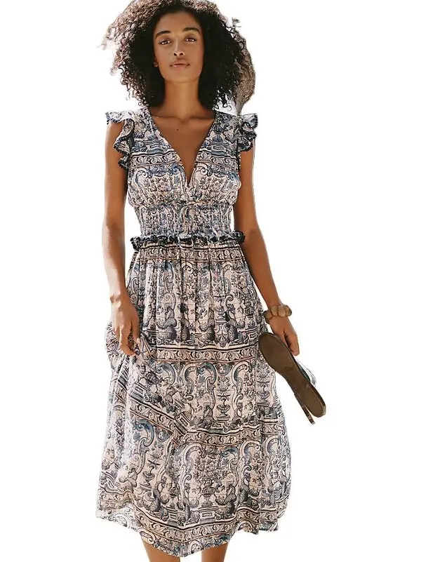 RO'S GARDEN Fyfa 100% Cotton Midi Dress - Blue Pattern