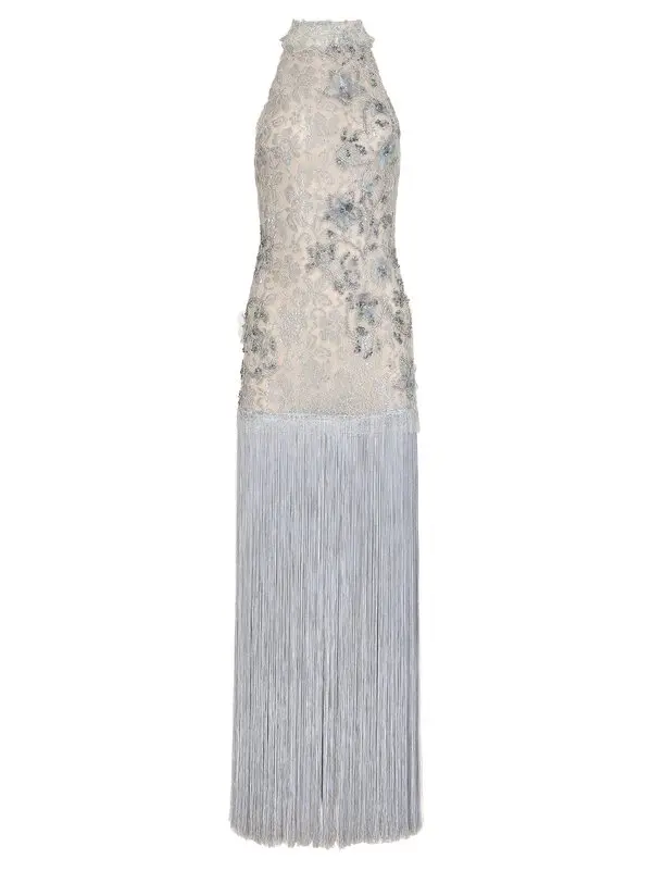 FRANCESCA MIRANDA Siena Beaded Lace Fringe Maxi Dress - Silver