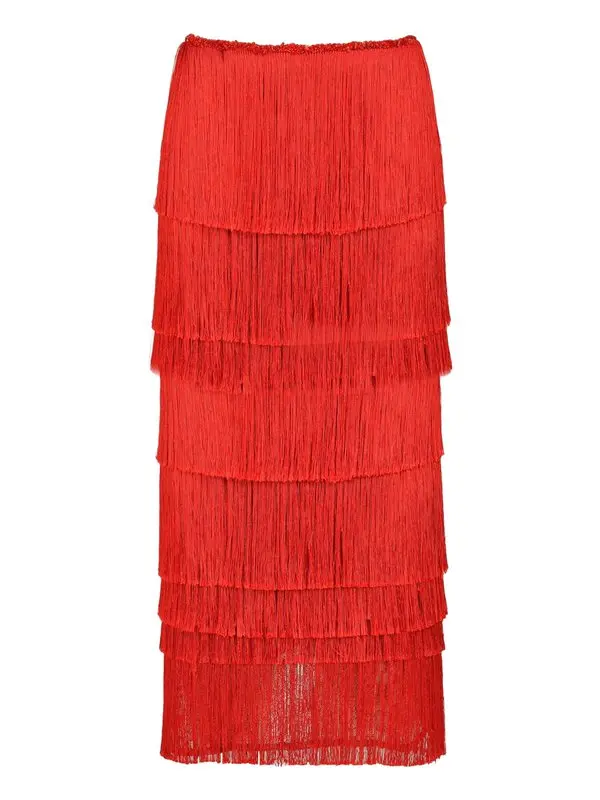 FRANCESCA MIRANDA Tempo Tiered Silk Fringe Maxi Skirt - Red