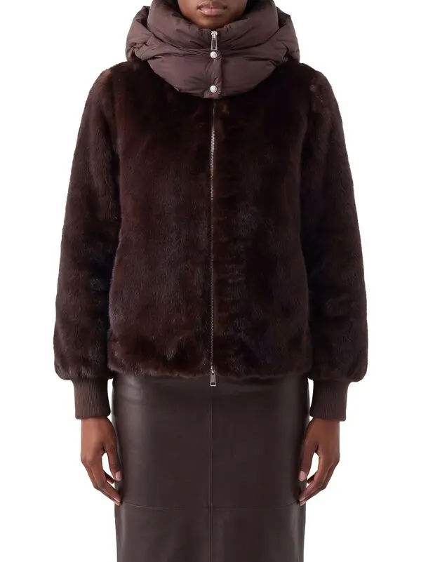 Add Faux Fur Jacket With Goose Down Ped Hood - Brown