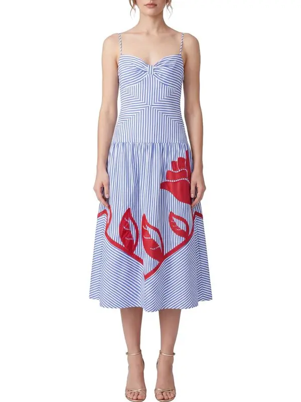 Farm Rio Sky Stripes Floral And Striped Cotton Midi Dress With Sweetheart Neckline - Blue