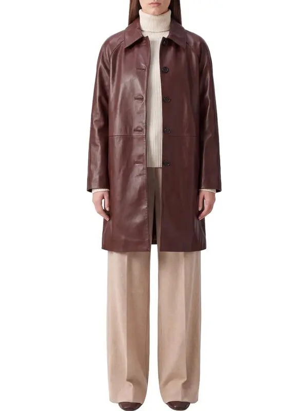 Soeur Knee-length Single-breasted Lambskin Leather Jacket - Brown