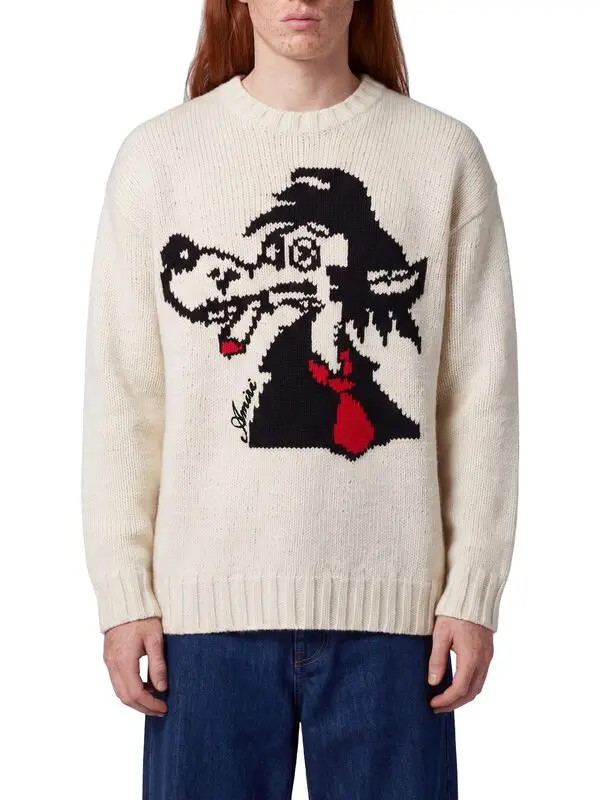 Amiri Wolf Wool And Cashmere Blend Jumper With Graphic Print And Crew Neck - White