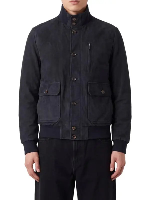 MOORER Suede Leather Bomber Jacket With High Collar And Elasticated Hem - Blue