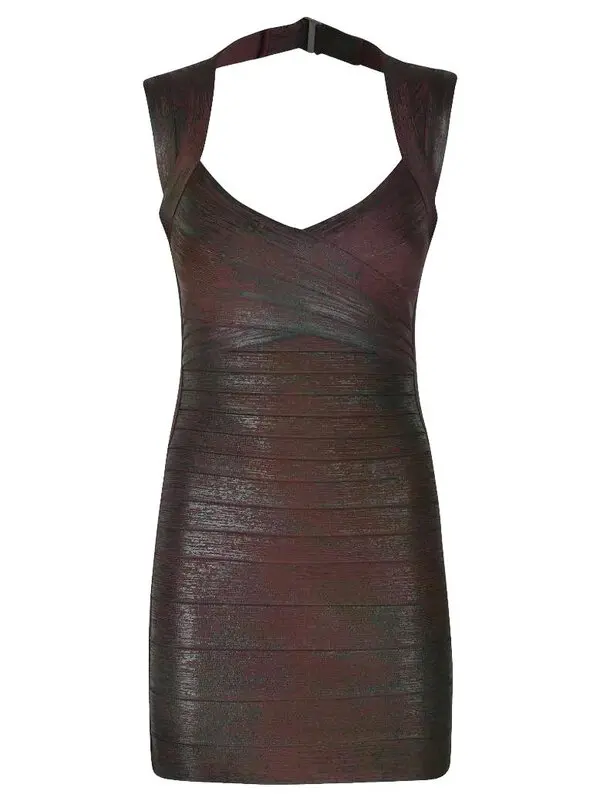 Herve Leger The Metallic Jamie Bandage-effect Halterneck Mini Dress - Red